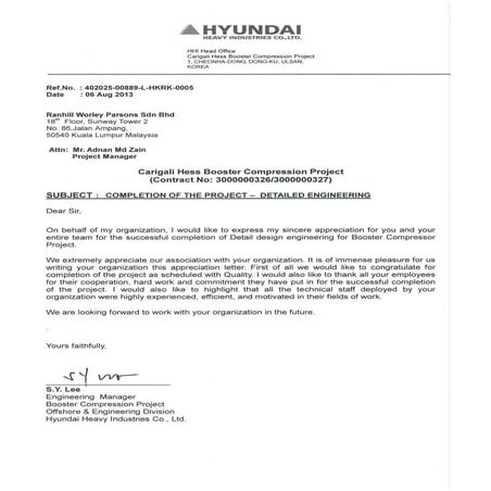 Letter from Hyundai Heavy Industries -HHI (completion & appreciation) | PDF