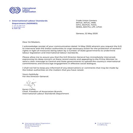 Letter from ilo reply first letter | PDF