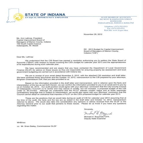 Letter from state board of accounts 112912 | PDF