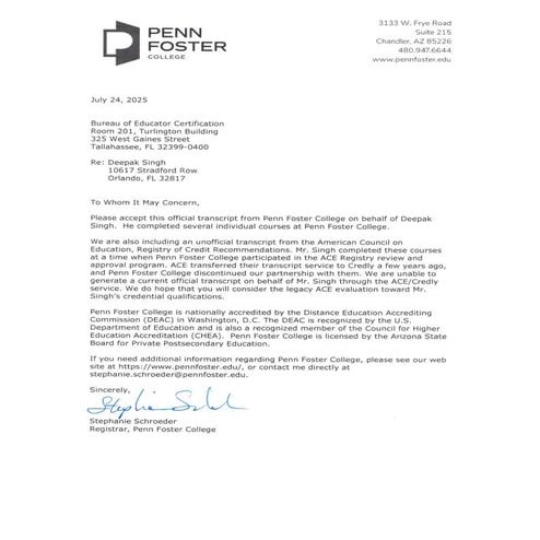 Letter from the Registrar of Penn Foster College July 25, 2025 | PDF