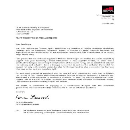 GSMA Letter to the President of Indonesia (IM2 Case) | PDF