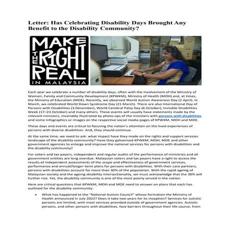 Letter Has Celebrating Disability Days Brought Any Benefit to the ...