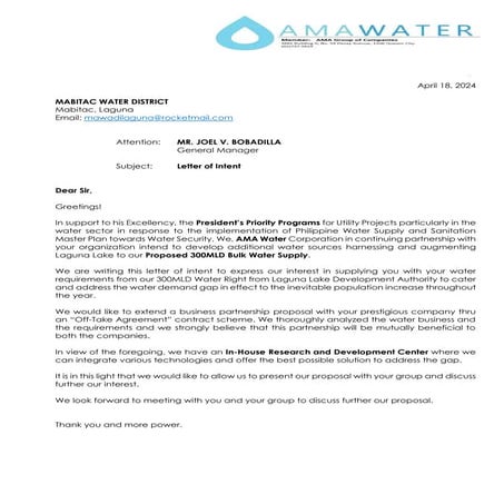 Letter of Intent developing a bulk water | PDF