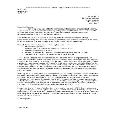 Front of house job application letter | DOCX
