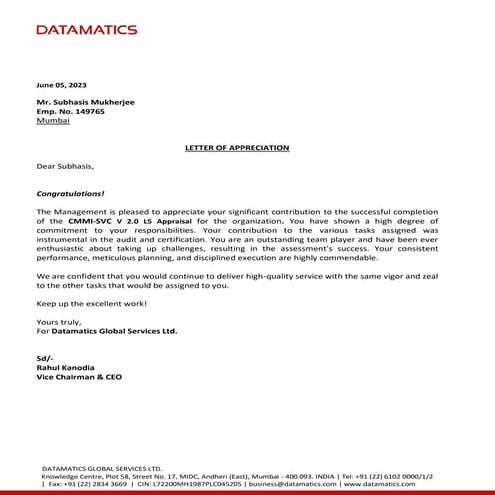 Letter of Appreciation - Datamatics | PDF