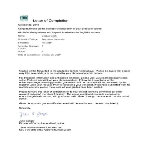Letter of Completion Going Above and Beyond Academics for English ...