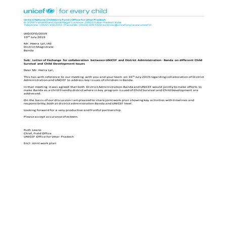 Letter of Exchange for collaboration between UNICEF and District ...