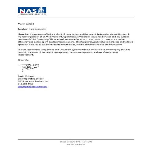 Letter of Performance from NAS Insurance | PDF