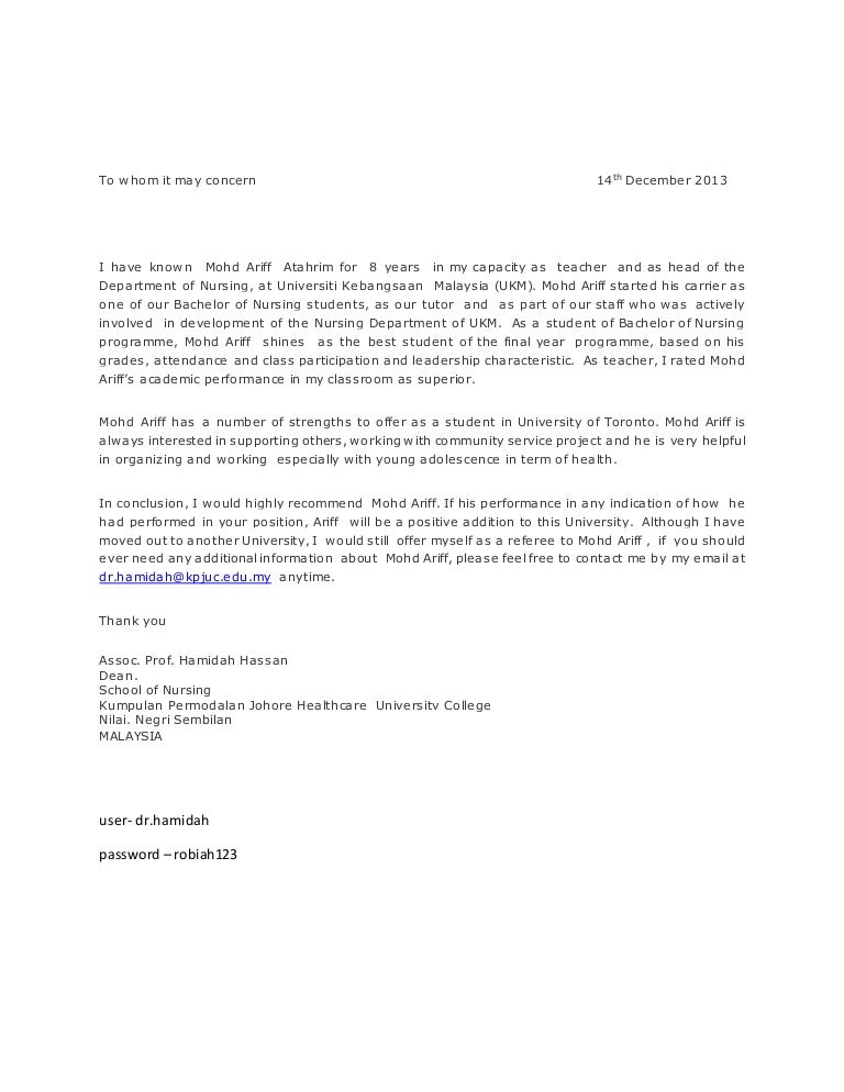 Letter of reccommendation