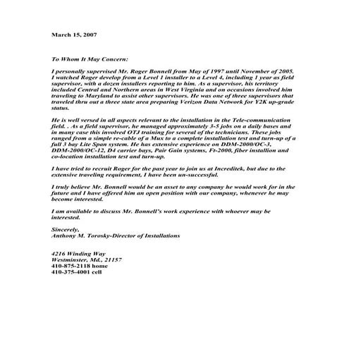 Letter Of Recommendation From Old Supervisor(Verizon Retiree) | DOC