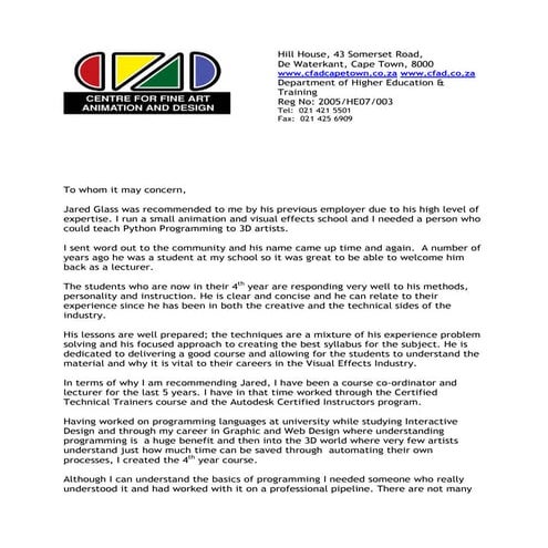 Letter of recommendation jared donovan cfad | PDF