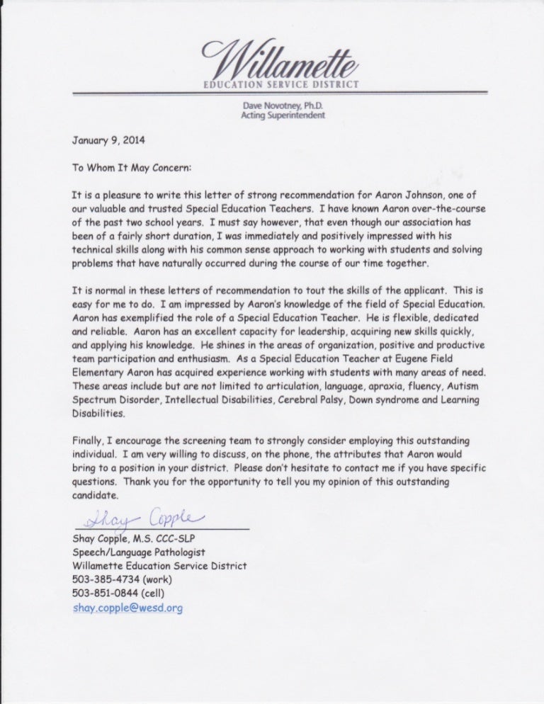 Letter of Recommendation Shay Copple