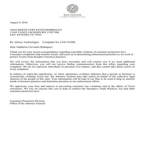 Letter sent infosys technologies | PDF
