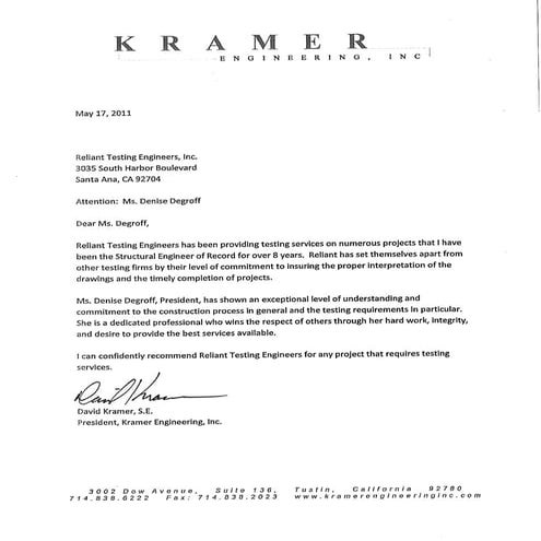 Reliant Testing Engineers, Inc. Letters of recommendation | PDF