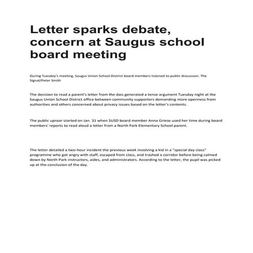 Letter sparks debate, concern at Saugus school board meeting | PDF