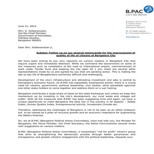 Critical Issues Plaguing Bangalore: B.PAC’s letter to the Karnataka CM ...