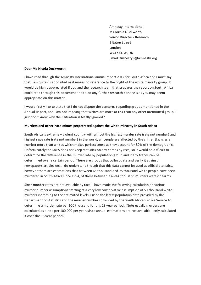 Letter to Amnesty International