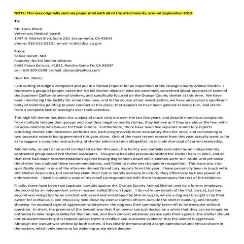 Letter to California Veterinary Medical Board by Saskia Boisot re:OCAC ...