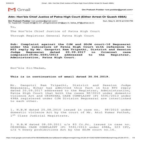Letter to chief justice of patna high court (either arrest or quash 498 ...