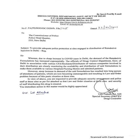 Letter to commissioner of delhi police for remdesivir distribution. | PDF