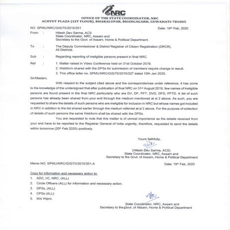 Letter to d cs ineligible people present in nrc | PDF