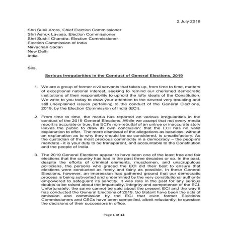 Letter to election commissioners concerning conduct of 2019 general ...