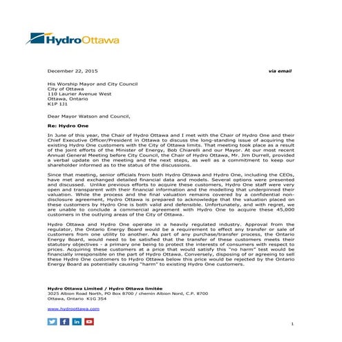 Letter from Hydro Ottawa president re: Hydro One Customers | PDF