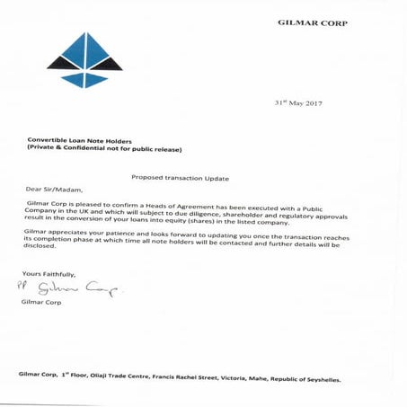 Gilmar Corp - Letter to noteholders | PDF