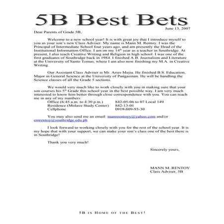 LETTER TO PARENTS Before School Opening | PDF