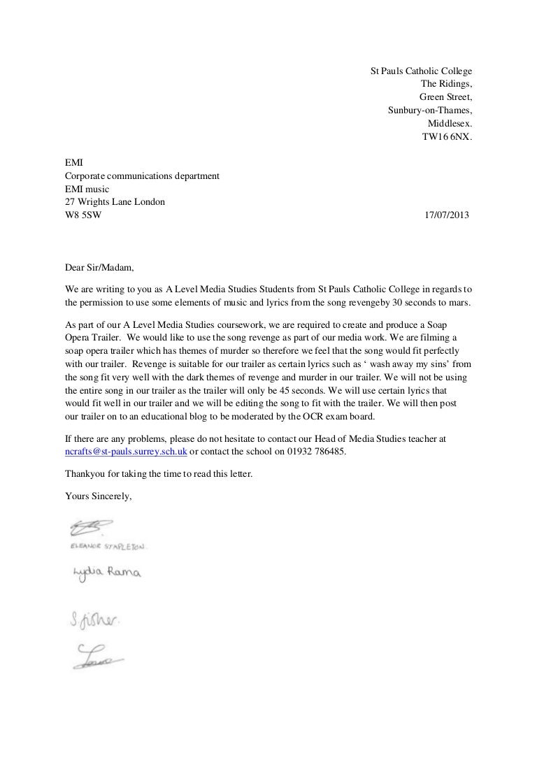 Letter to record label