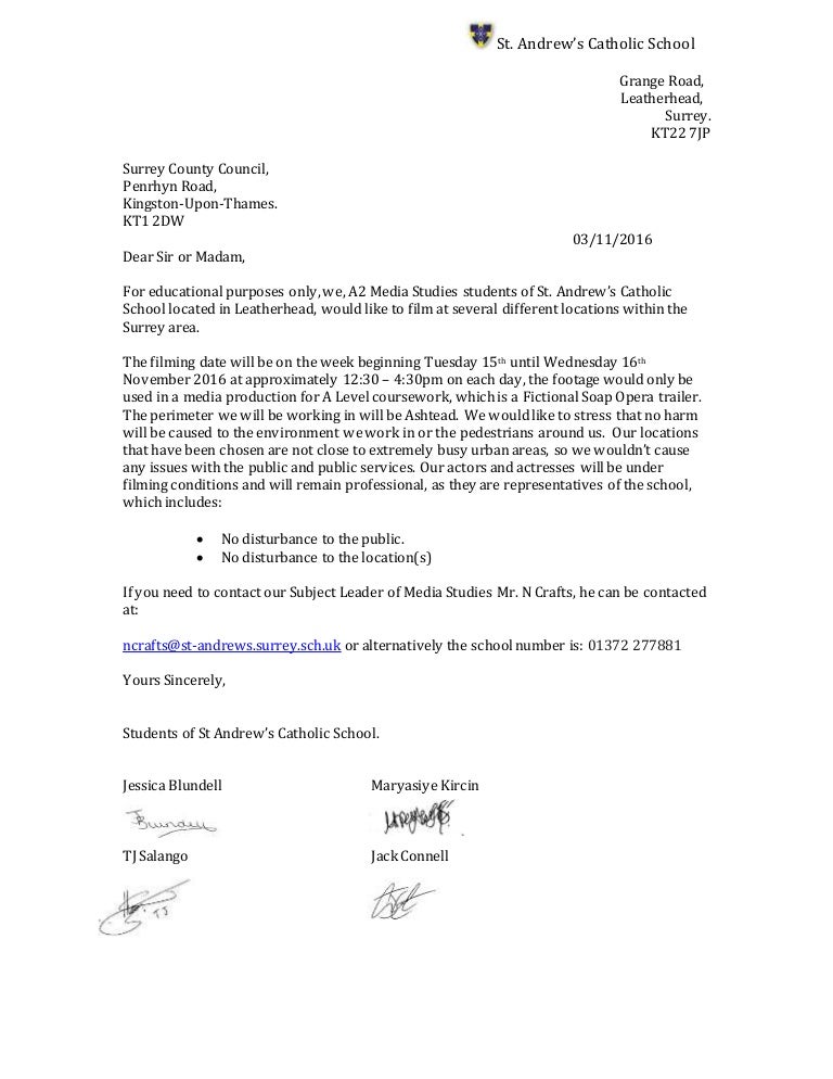 Letter Regarding Permission to Film