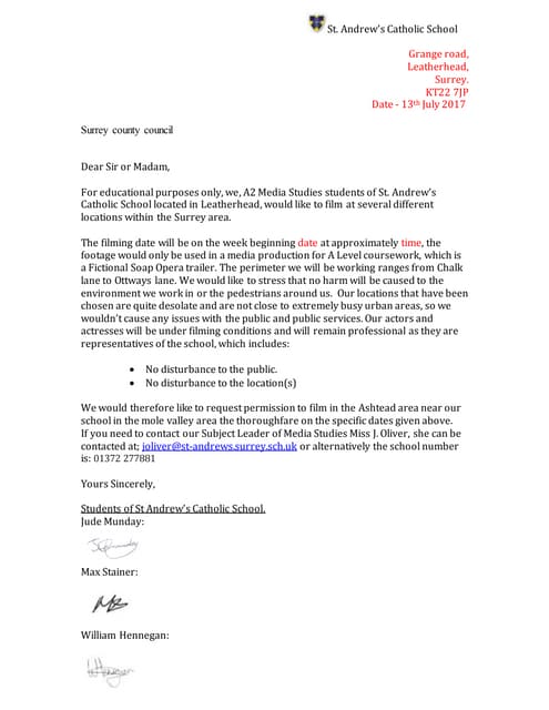 Permission for filming letter | DOCX | Education