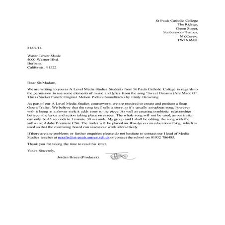 Letter to the record label | DOCX | Soundtracks, TV and Showtunes | Music