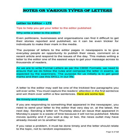 Letter Writing Guiding Material - Letter to Editor, Business Letters ...