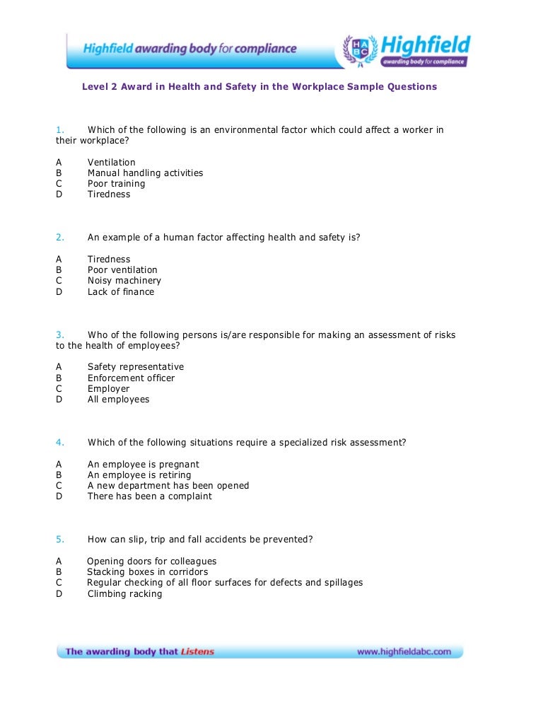 Level 2 Award in health and safety in the workplace sample questions level-2-award-in-health-and-safety-in-the-workplace-sample-questions
