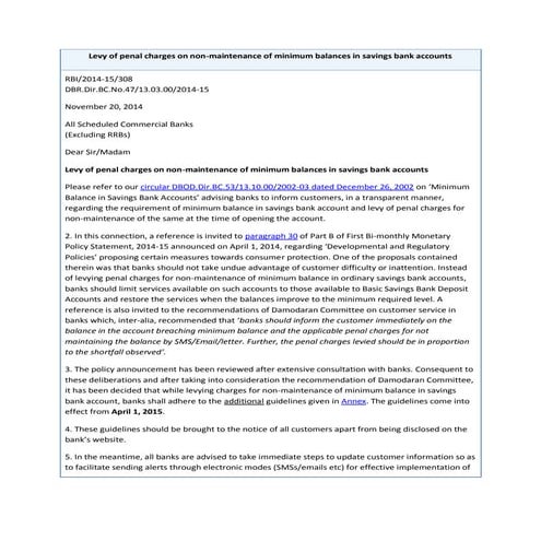 Levy of penal charges on non-maintaining minimum balance in savings ...