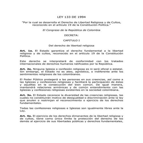 Ley 133 de 1994 sobre el derecho de libertad religiosa y de cultos ...