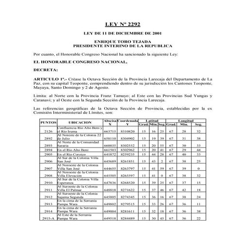Ley 2292 creación Teoponte | PDF