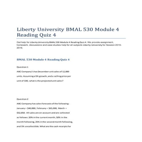 Liberty university bmal 530 module 4 reading quiz 4 | DOCX