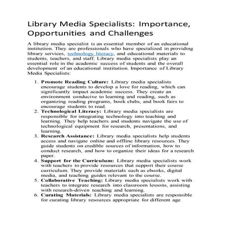 Library Media Specialists: Importance, Opportunities and Challenges | PDF