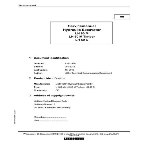 Liebherr lh60 m timber hydraulic excavator service repair manual | PDF