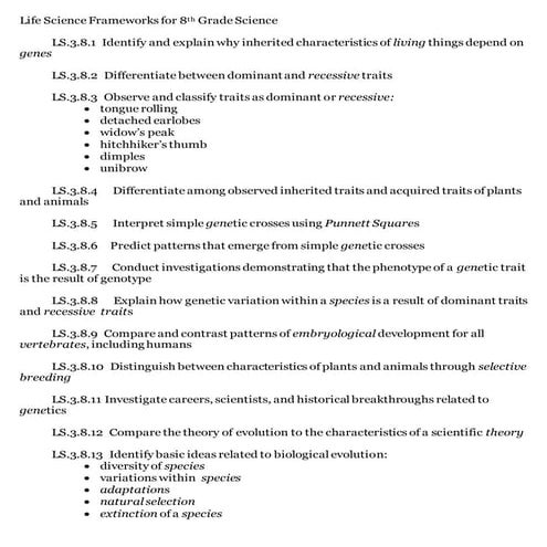 Life Science Frameworks For 8th Grade Science | DOC