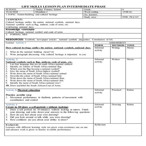 Life skills lesson plan intermediate phas gr6 | DOCX