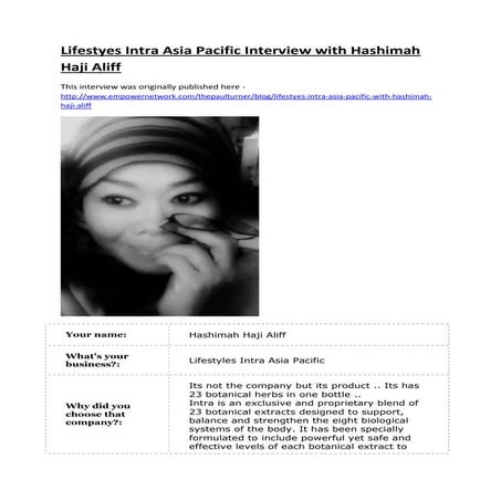 Lifestyles intra asia pacific interview with hashimah haji aliff | PDF