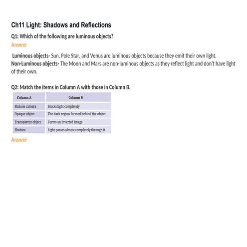 Light shadow and reflection of light class 7thcuriosity | DOCX