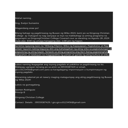 liham paanyaya sa tungkol sa buwan ng wika | DOCX