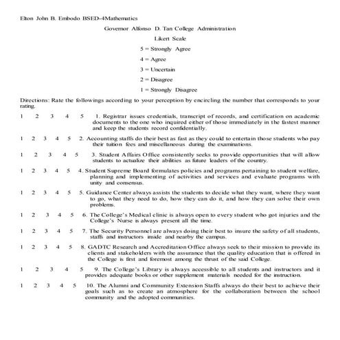 Likert scale (sample of likert scale rating the behaviors of college's ...