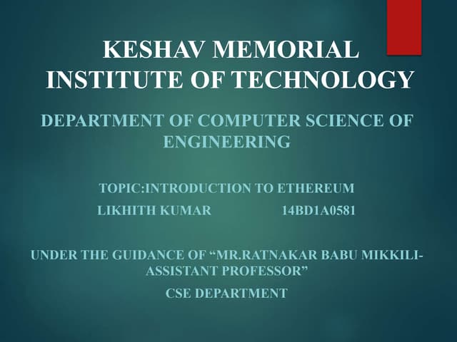 Introduction To Ethereum The Blockchain Implementation Ppt