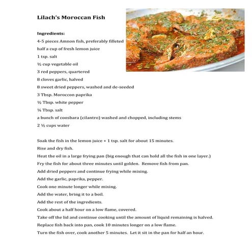 Lilach's moroccon fish | DOCX | Cooking | Food & Drink