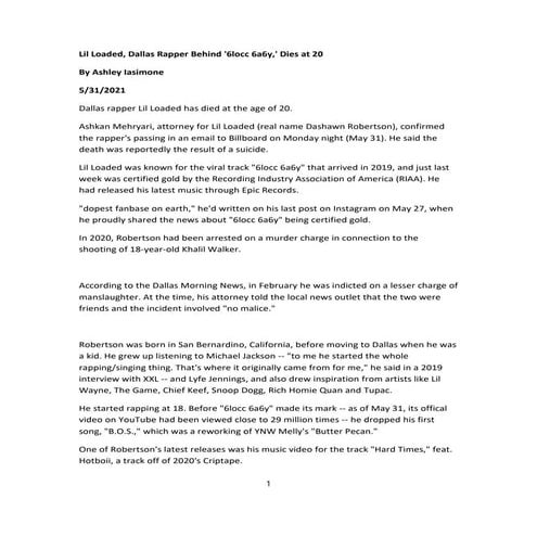 Lil loaded, dallas rapper died @ age 20 | PDF